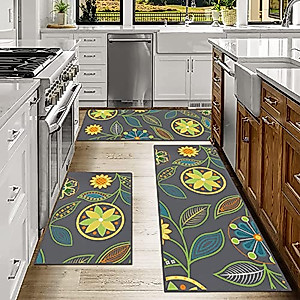 HEBE Floral Kitchen Rug Sets 3 Piece with Runner Non Slip Kitchen Rugs and Mats Washable Kitchen Mats for Floor Boho Area Rugs Doormat Carpet for Hallway Entryway Laundry Living Room