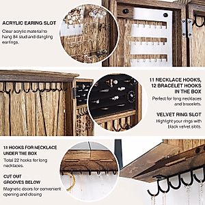 J JACKCUBE DESIGN Rustic Wall Mounted Jewelry Organizer, Wood Hanging Jewelry Holder Cabinet with Acrylic Mirror for Necklaces Earrings Bracelets Rings Wooden Barndoor Decor - MK606A