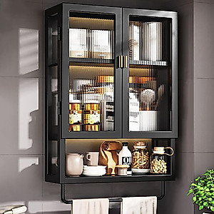 Bathroom Cabinet Wall Mounted with Towel Bar Metal Medicine Cabinet with Door Bathroom Wall Cabinet Over The Toilet Storage Cabinet Hanging Cabinet for Bathroom Livingroom Kitchen,Black,50x15x70cm/20"