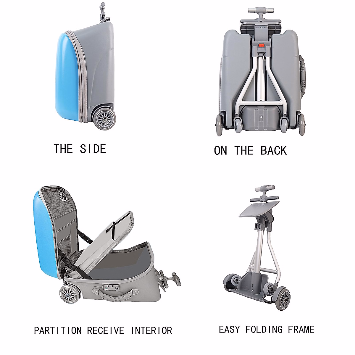 ELDA 20'' Kids Ride On Suitcase with Child Seat Design Large Carry On Hardside Rolling Luggage with Detachable Trolley, TSA Lock, Travel for Boys Girls