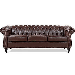 TINGMAMADEHUA Dark Brown Faux Leather 3-Seater Couch, 84in Sofas for Living Room, Bedroom, Office, with Rolled Arm, Deep Seating and Buttoned Classic Chesterfield Sofa