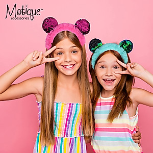 Motique Accessories Fur Mouse Ears Headband with Reversable Sequins for Women and Girls- Hot Pink