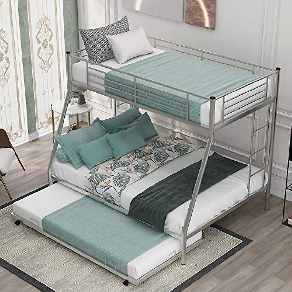 Metal Bunk Beds Twin Over Full Size with 2 Ladder and Trundle Bed for Kids Teens Adults, (Silver)
