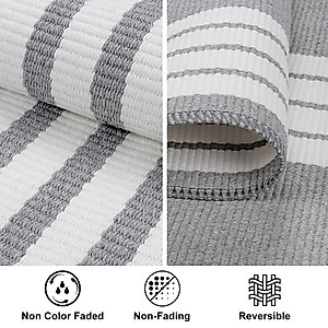LEEVAN Grey and White Striped Door Mat 24'' x 35'' Washable Hand-Woven Front Door Rug, Reversible Front Door Mats Outdoor Farmhouse Striped Layered Door Mats for Entryway/Front Porch/Kitchen