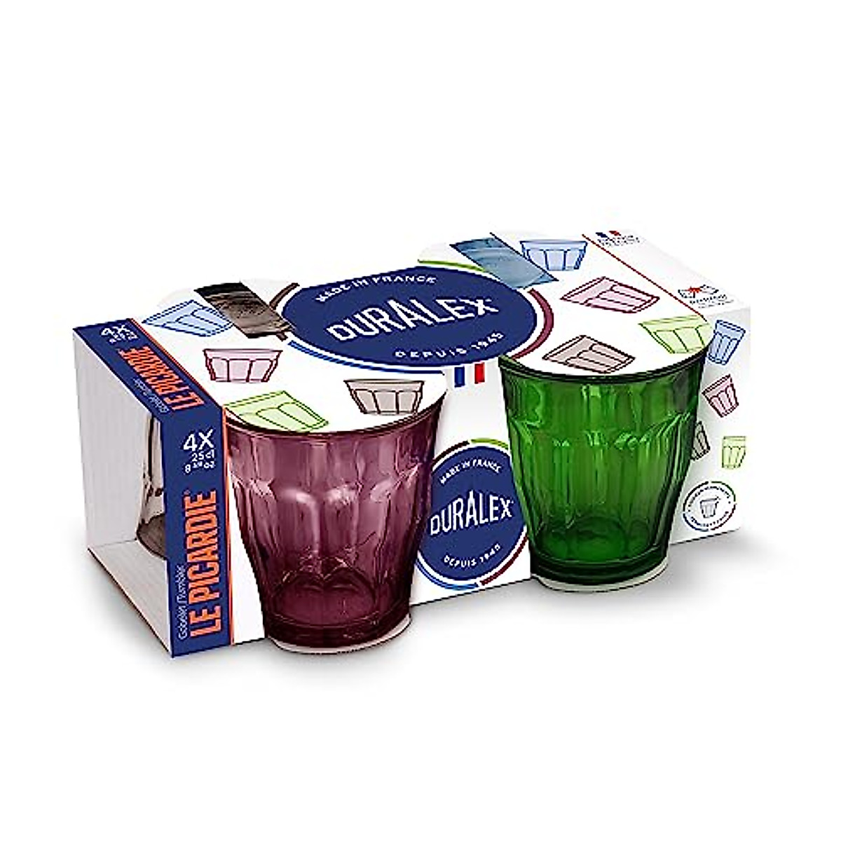 Duralex Made In France Picardie Glass Tumbler Drinking Glasses Set of 4. Size 8-3/8 oz, Mixed Colors: Plum, Green Marine Blue, Grey.
