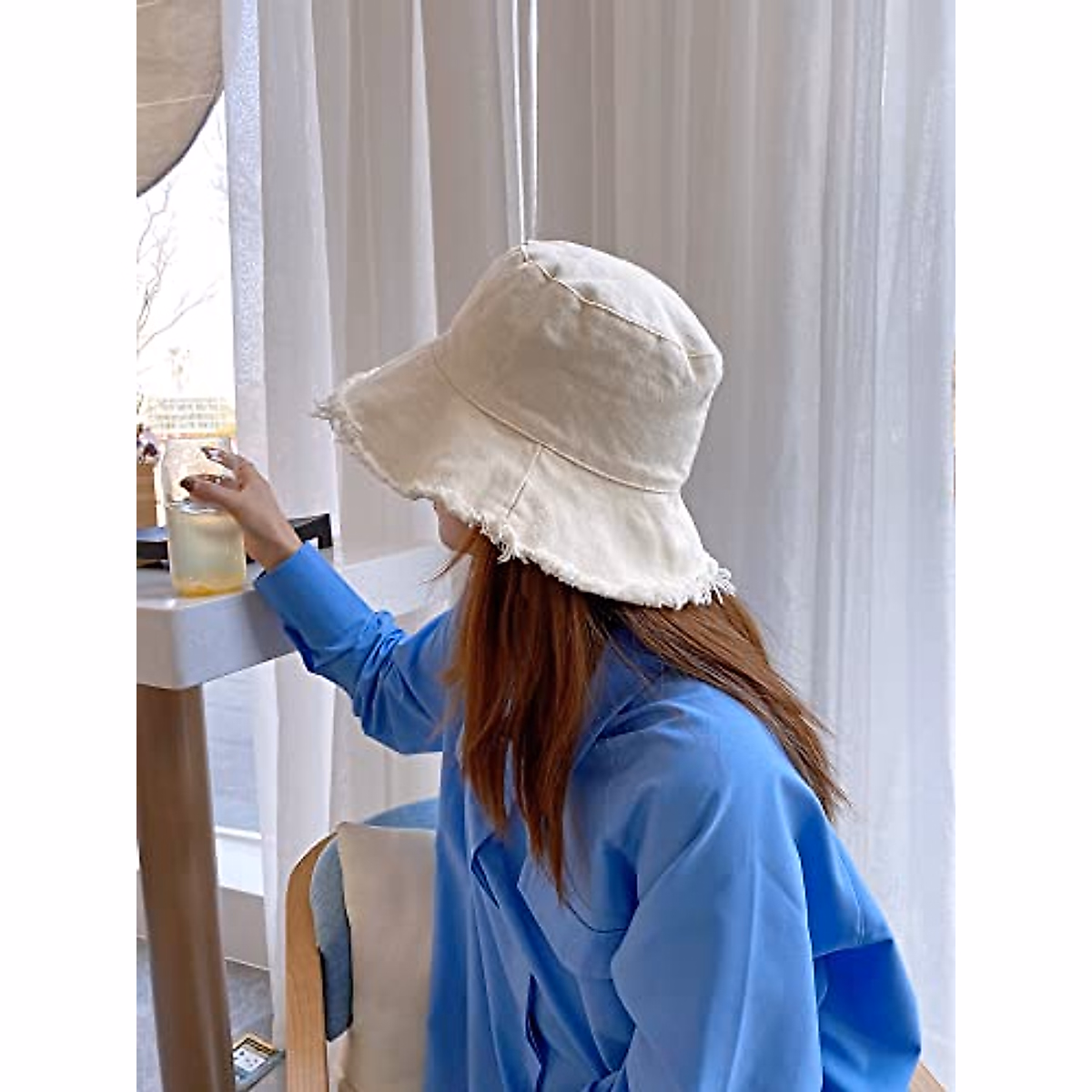 Bucket-Hat-Distressed Sun-Protection Washed-Cotton Beach-Sun-Hat - Summer-Wide-Brim(3.2inch Brim) Beach-Cap(Size:S-M) Beige