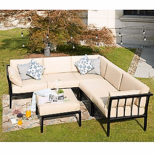 LOKATSE HOME 6 Piece Patio Conversation Set Outdoor Furniture Sectional Sofa with 3 Corner Couch 2 Armless Chair and 1 Ottoman, 6Pcs, Khaki Cushions