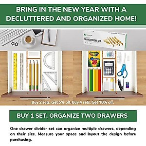 *UPGRADED* Kitchen Drawer Dividers w/Inserts and Liner - Adjustable Bamboo Organizers for Drawers - Spring Loaded, Large for Utensils and Deep for Clothes - Tall Wood Draw Divider Separator (Long)