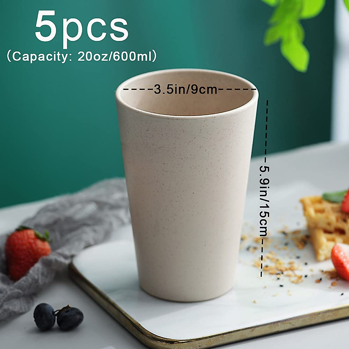 Roucerlin 5PCS Big 20OZ Wheat Straw Cup, Unbreakable Reusable Drinking Cups Water Cup, Stackable Coffee Cup Juice Tumblers, Mug for Coffee, Tea, Water, Milk, Juice (Beige)