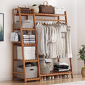 ZZBIQS Bamboo Clothing Rack with Shelves Ladder Clothes Hanger Rack Heavy Duty Freestanding Coat Closet Garment Rack for Hanging Clothes /Folding Clothes/Shoes, 43.3" L x 15.7" W x55.1 H