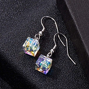 Austrian Crystal Cube Drop Dangle Earrings for Women Fashion 14K Gold Plated Hypoallergenic Jewelry (Aurora Borealis)