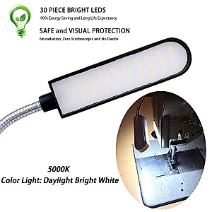 EVISWIY Sewing Machine Light LED Lighting (30LEDs) 6 Watt for Workbench Lathe Drill Press Daylight White Flexible Gooseneck Arm Work Lamp with Magnetic Mounting Base Black