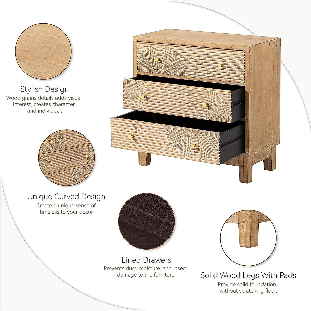 COZAYH 3-Drawer Farmhouse Dresser with Handicraft Wood Ring Motif, Set of 2 Fully Assembled Nightstand Wooden Finish for Boho, Mid-Century, Natural Wood, Rustic