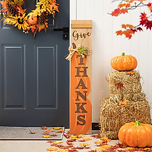 Glitzhome 42"H Thanksgiving Wooden Pumpkin Porch Sign, Farmhouse Vertical Hanging Sign, Give Thanks Porch Décor for Fall Harvest Thanksgiving Autumn Indoor Outdoor Front Porch Decoration