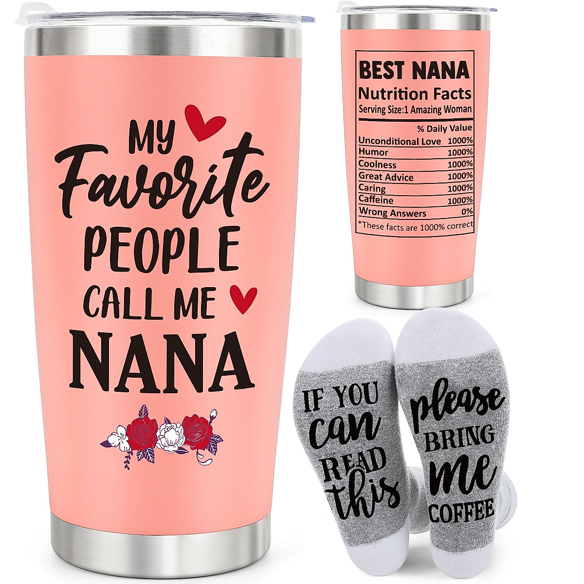 Nana Tumbler Cup Mothers Day Birthday Gifts for Grandma from Grandkids, Grandparents Best Nana Ever Gifts from Granddaughter Grandson, New Grandma Grandmother Nana Mimi Gifts 20oz Pink Cup & Socks Set