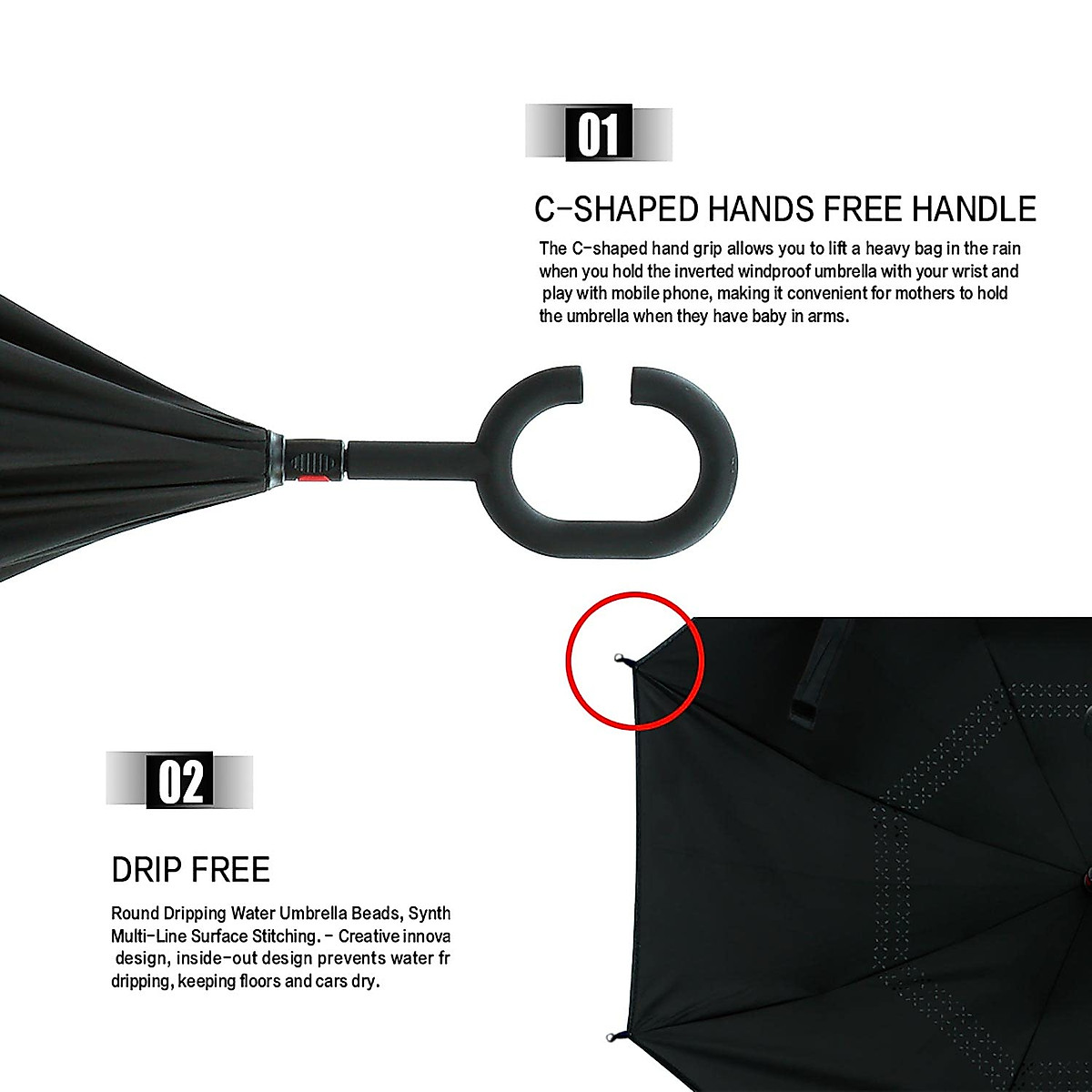 MRTLLOA Windproof Inverted Reverse Umbrella with UV Protection, C-Shaped Handle Double Layer Stick Umbrella for Rain (Black)