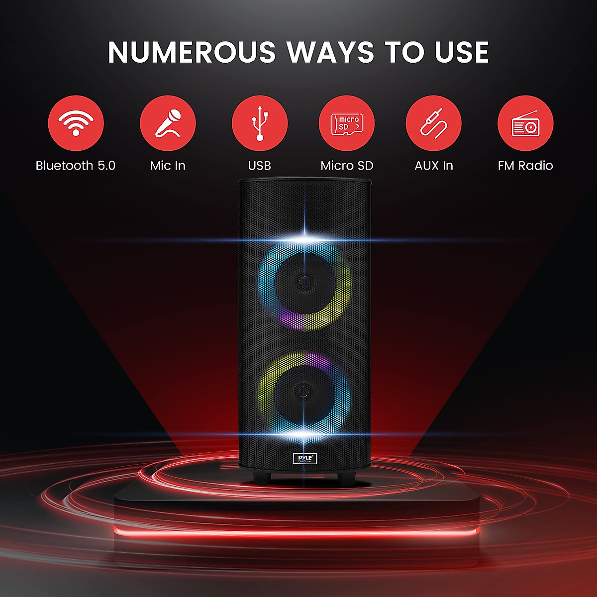 Pyle Portable Bluetooth PA Speaker System - 700W Dual 8” Rechargeable Speaker, TWS, Party Light, LED Display, FM/AUX/MP3/USB/SD, Wheels, Wireless Mic, Remote Control, Tablet Holder Included