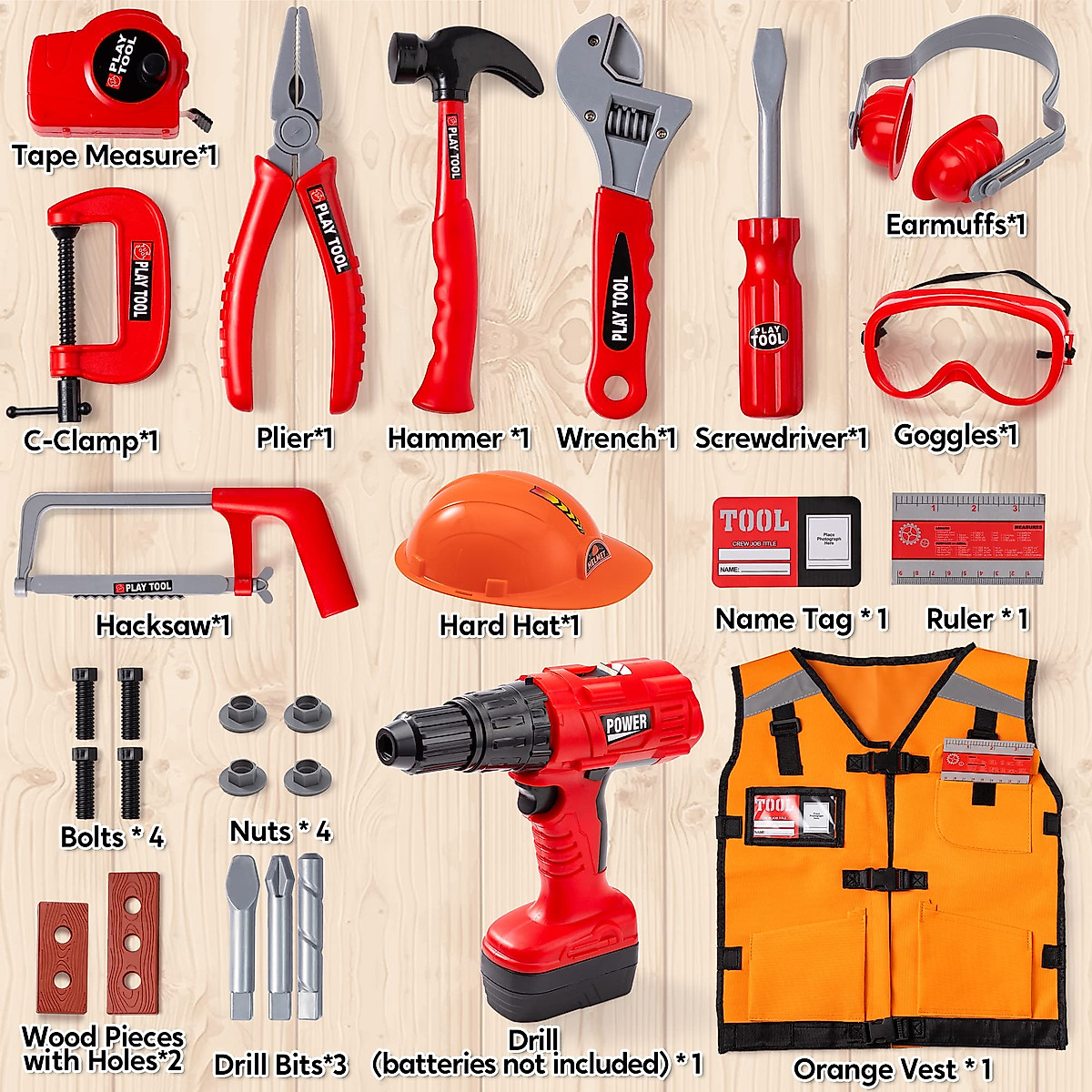 JOYIN 26Pcs Kid Tool Set, Pretend Play Toddler Tool Toy with Construction Worker Costume & Electronic Toy Drill in Storage Box for Boy Girl Halloween Present Birthday Dress Up Party