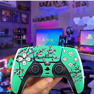 HK Studio Teal Cherry Blossom Decal Sticker Skin Specific Cover for Both PS5 Disc Edition and Digital Edition - Waterproof, No Bubble, Including 2 Controller Skins and Console Skin