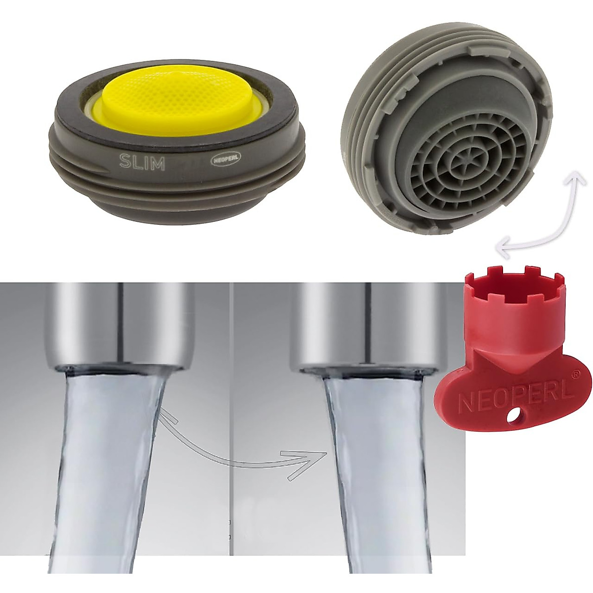 Neoperl Slim Laminar Faucet Aerator SSR Angle Hidden Directional Clear Stream M24 for Kitchen/Bathroom with Install Key (Yellow 2.2 gpm)