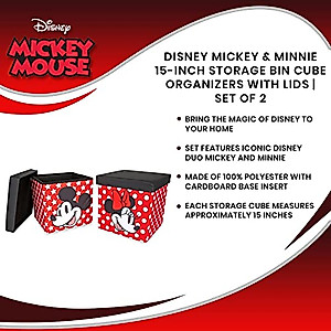 Disney Mickey & Minnie 15-Inch Storage Bin Cube Organizers with Lids, Set of 2 | Fabric Basket Container, Cubby Cube Closet Organizer, Home Decor Playroom Accessories | Toys, Gifts And Collectibles