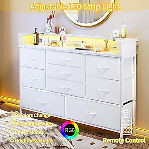 Fixwal White LED Dresser for Bedroom, Dresser with 9 Drawers and Charging Station, Fabric Chest of Drawers with PU Finish, Entryway, Living Room, Hallway