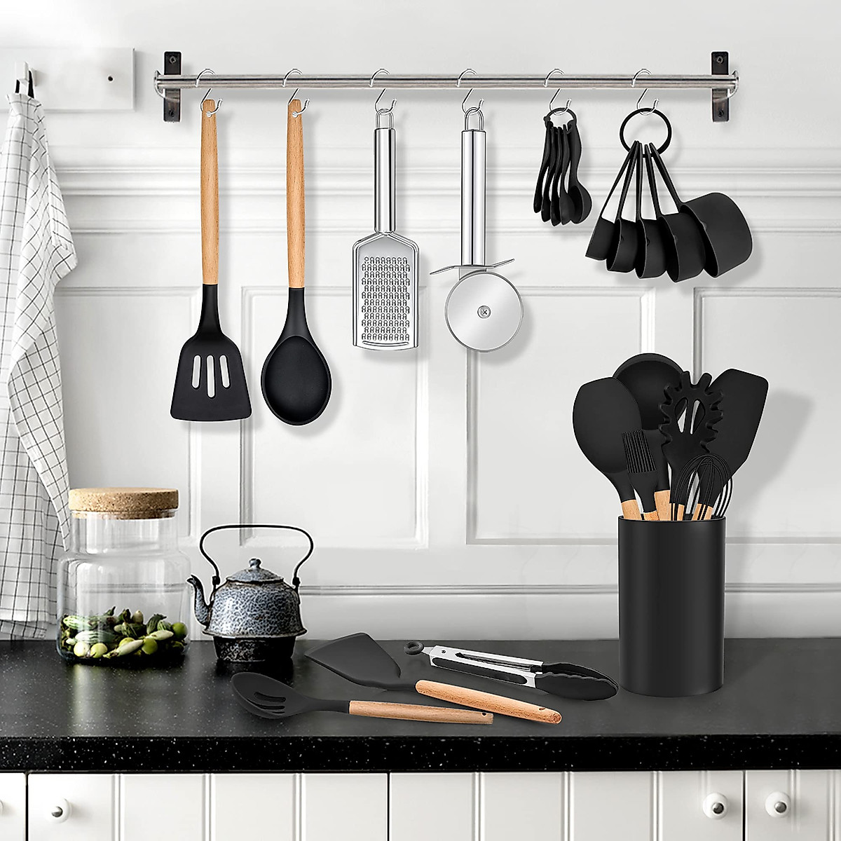 LIANYU 30 PCS Silicone kitchen Cooking Utensils Set with Holder, Heat Resistant Kitchen Essentials Utensils Set Wooden Handle, Cooking Tools Set Including Tuner, Spatula, Spoon, Ladle, Black