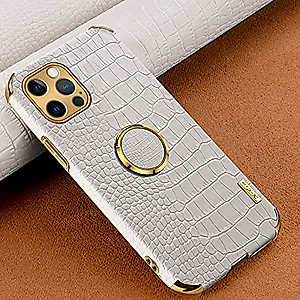 aowner Compatible with iPhone 12 Pro Max Ring Holder Case Luxury Crocodile Cover Gold Edge 360 Degree Rotation Stand for Women Girls Slim Leather Snake Lizard Skin Protective Cover case, 6.7 Inch