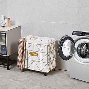 Mxfurhawa Laundry Hamper, Collapsible Laundry Basket Large Capacity 110L Metal Laundry Hamper with Removable Liner, Rolling Wheels and Collapsible Design for Clothes Storage and Organization (Gold)