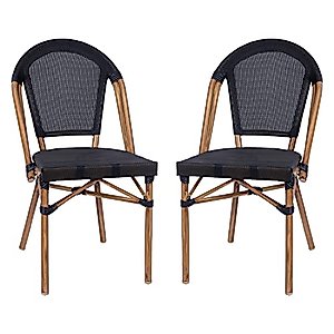 Flash Furniture Marseille 2 Pack Indoor/Outdoor Commercial Bistro Stack Chairs - Black Textilene Back and Seat - Natural Bamboo Print Aluminum Frame