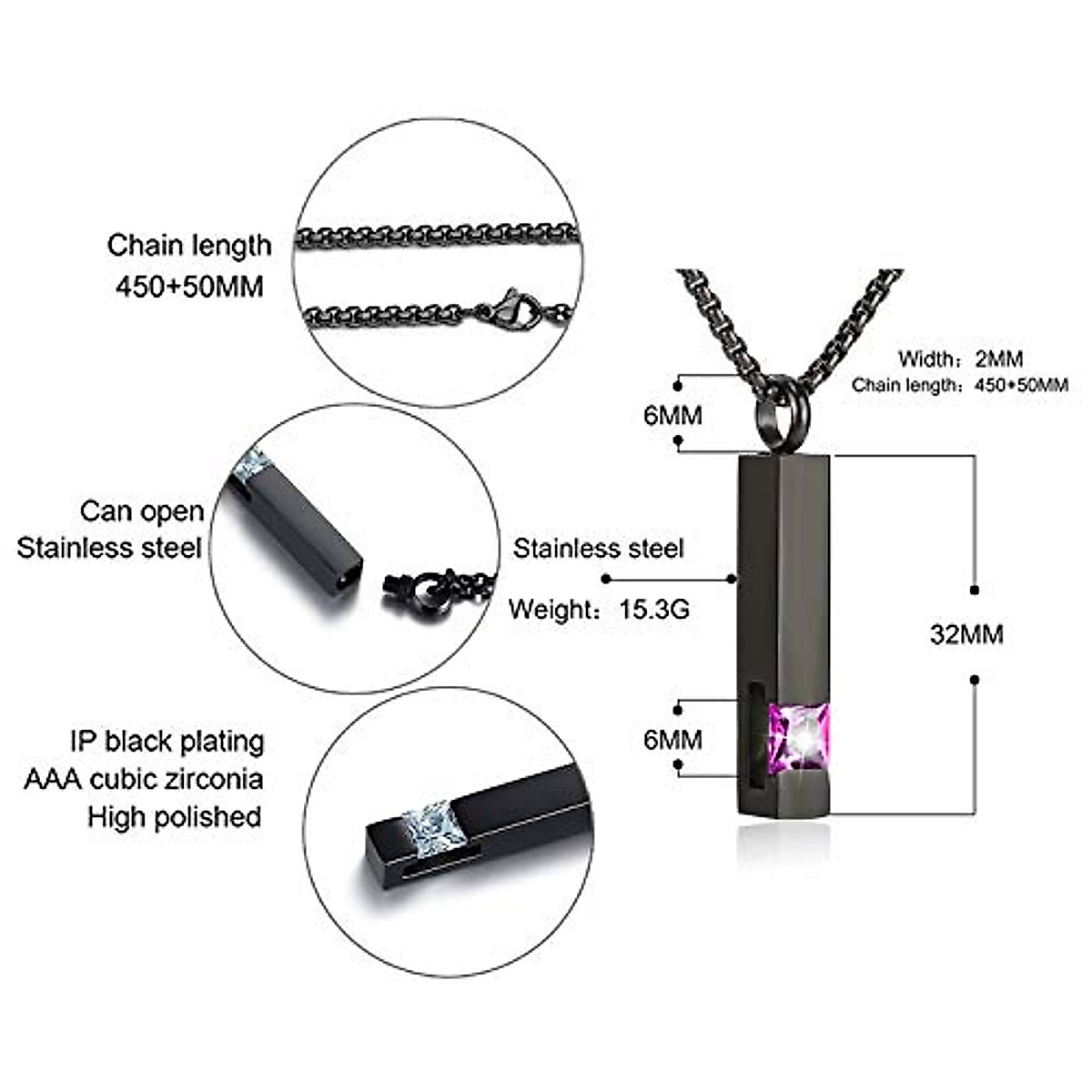 YOUFENG Urn Necklaces for Ashes Birthstone Cube Urns for Human Ashes Memorial Cremation Urn Locket Keepsake Ashes Jewelry (February)