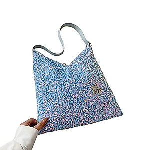 WIGUYUN Womens Mermaid Sequins Shoulder Bag Reversible Sequin Handbag Purse Sparkling Tote Shiny Hobo Bag, Blue