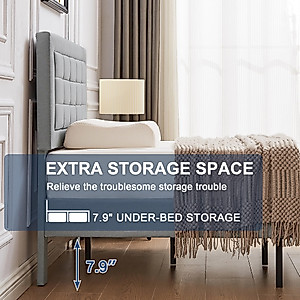 VECELO Twin Size Bed Frame with Adjustable Headboard, Upholstered Button Tufted Platform Bedframe with Wood Slats Support, No Box Spring Needed, Moon Grey