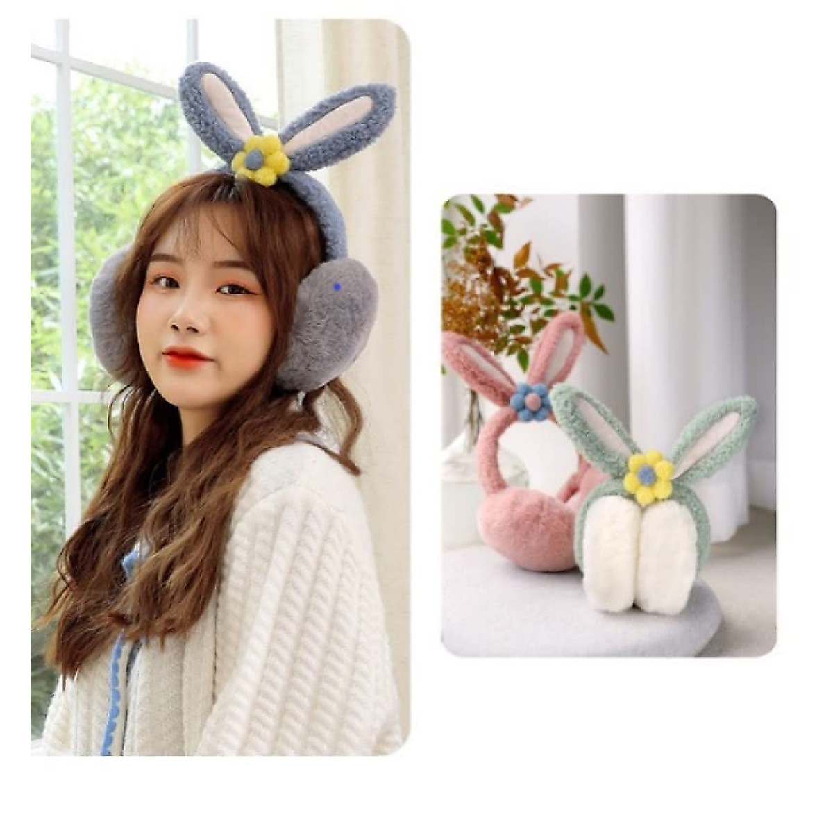 Women Rabbit Earmuffs Girls Cute Outdoor Ear Warmers Winter Warm Adjustable Ear Covers Foldable Children Animal Earmuffs