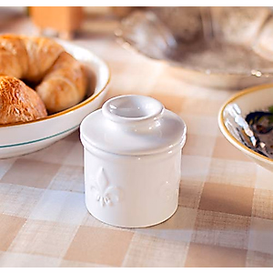 Butter Bell - The Original Butter Bell crock by L Tremain, a Countertop French Ceramic Butter Dish Keeper for Spreadable Butter, Fleur de Lis Collection (Blanche)