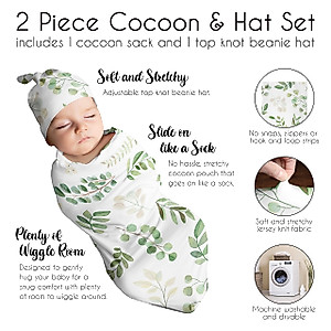 Sweet Jojo Designs Floral Leaf Baby Boy or Girl Cocoon and Beanie Hat 2pc Set Jersey Stretch Knit Sleeping Bag for Infant Newborn Nursery Sleep Wrap Sack - Green White Boho Botanical Woodland Garden
