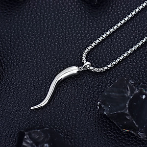 Italian Horn Necklace 925 Sterling Silver Lucky Chili Pendant Italian Amulet Jewelry Silver Italian Horn Charm Protection Cornicello Gift for Men Women Father’s Day