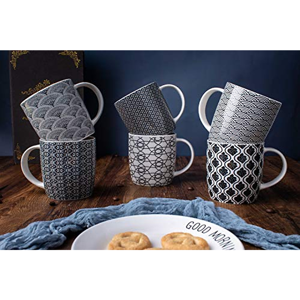 MACHUMA Set of 6 11.5 oz Coffee Mugs with Black and White Geometric Patterns, Ceramic Tea Cup Set