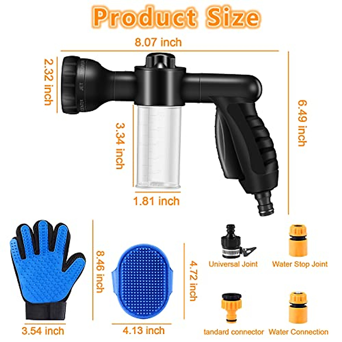 Pup Jet Dog Wash, 8 in 1 Dog Wash Hose Attachment with Soap Dispenser, Dog Washer Water Hose Spray Nozzle, for All Kinds of Pet Showers, Car Wash, Watering Lawns and Plants (Black)