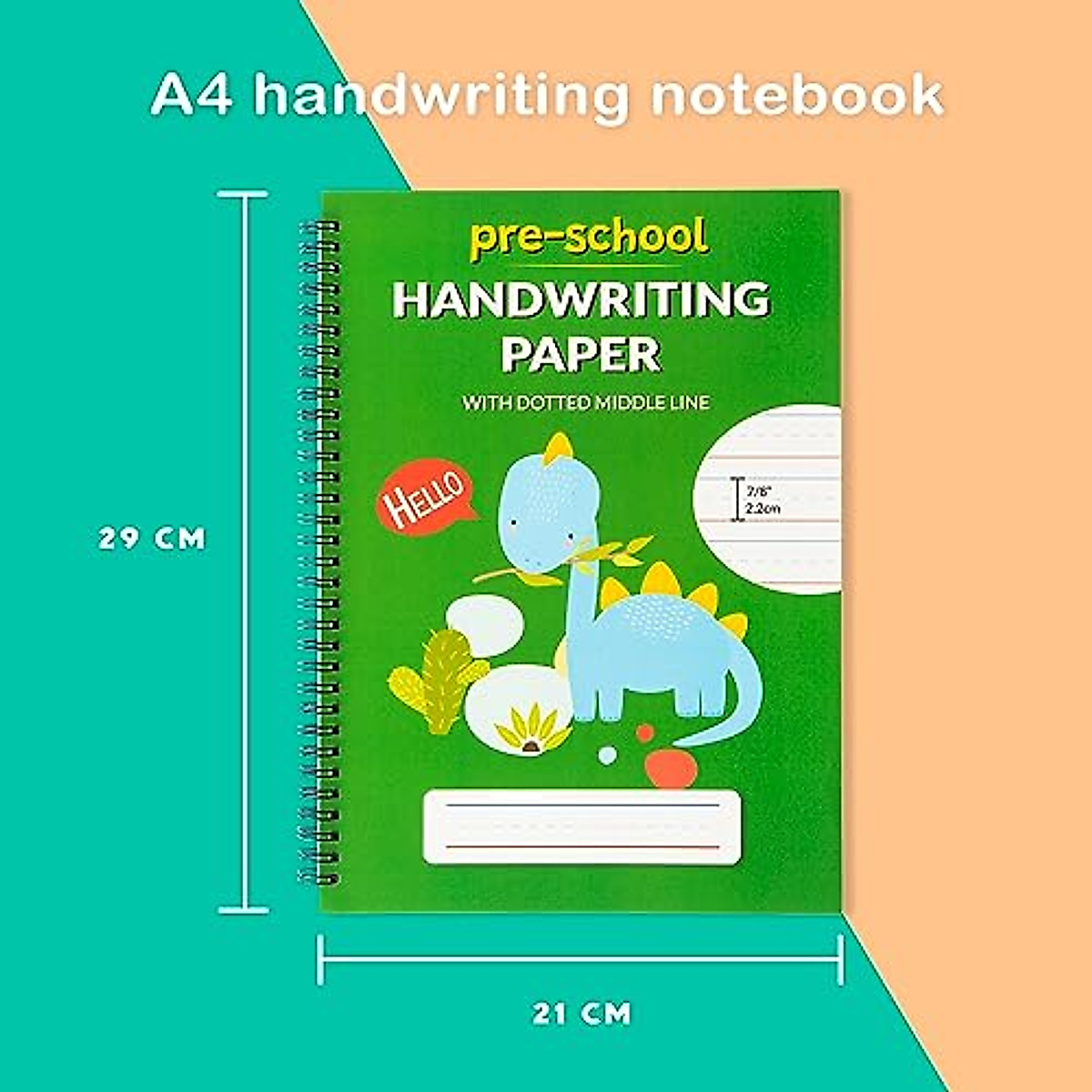 Learning Owl A4 Handwriting Practice Paper Notebook for Kids – Spiral Bind, Lined Paper with Dotted Midline for Preschool, Pre-K, Kindergarten - 100 Thick Ruled Pages for Alphabet and Number Writing
