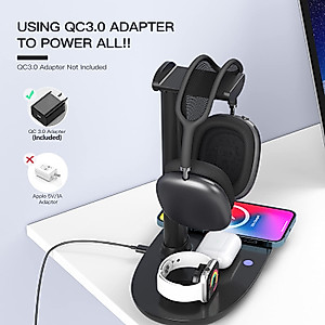 Headphone Stand with 15w Wireless Charger, Suguder 4 in 1 Charging Station Headset Holder for AirPods Max/Pro/4/3/2 iWatch 10/9/8/7/6/5/4/3/2/1/SE iPhone 16/15/14/13/12/11/X for Desktop Table Game