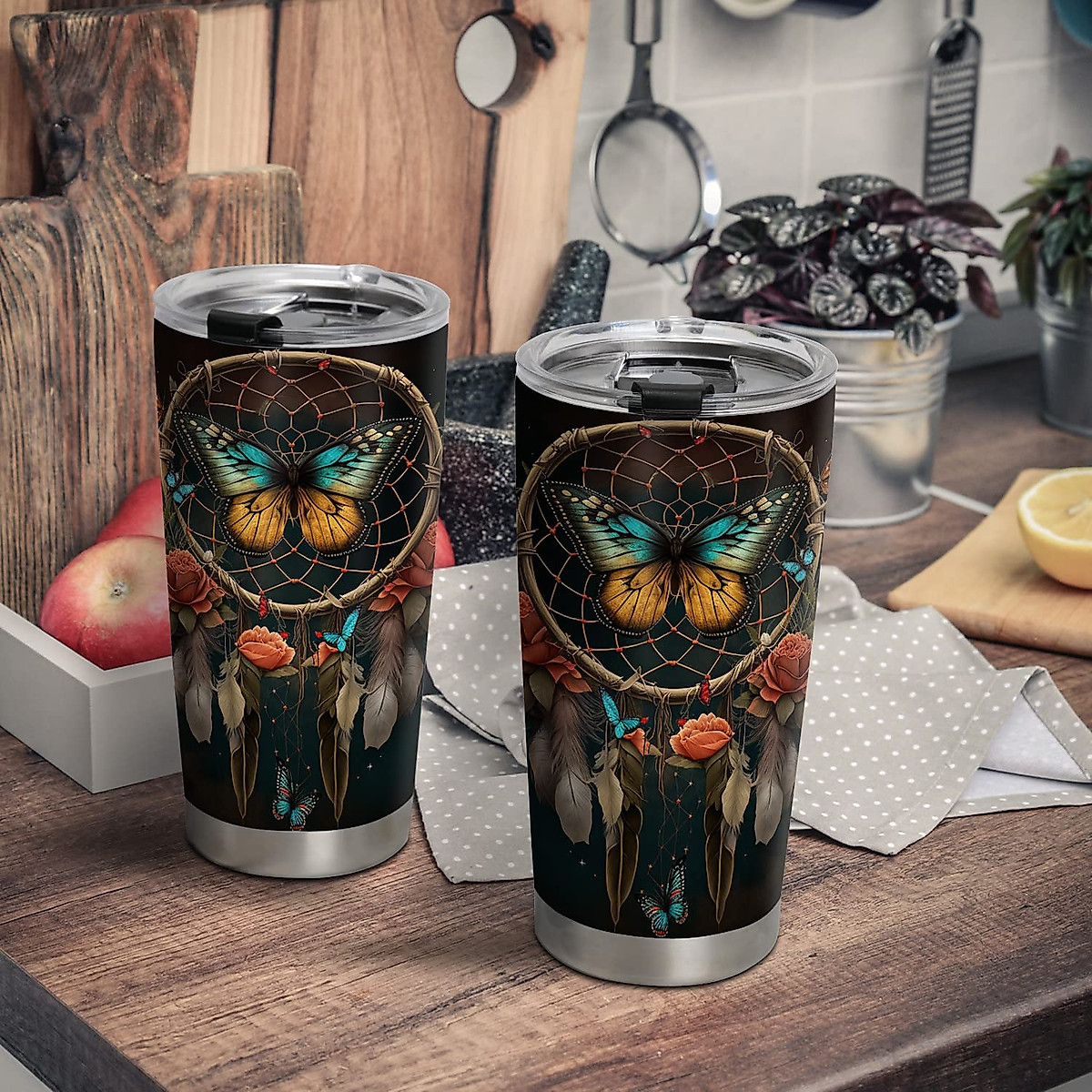 20oz Dream Catcher Butterfly Tumbler Cup, Insulated Travel Cup with Lid, Coffee Thermos for Women, Gifts for Women, Birthday Gifts for Mom, Daughter, Sister, Friends, Girlfriends, Coworker