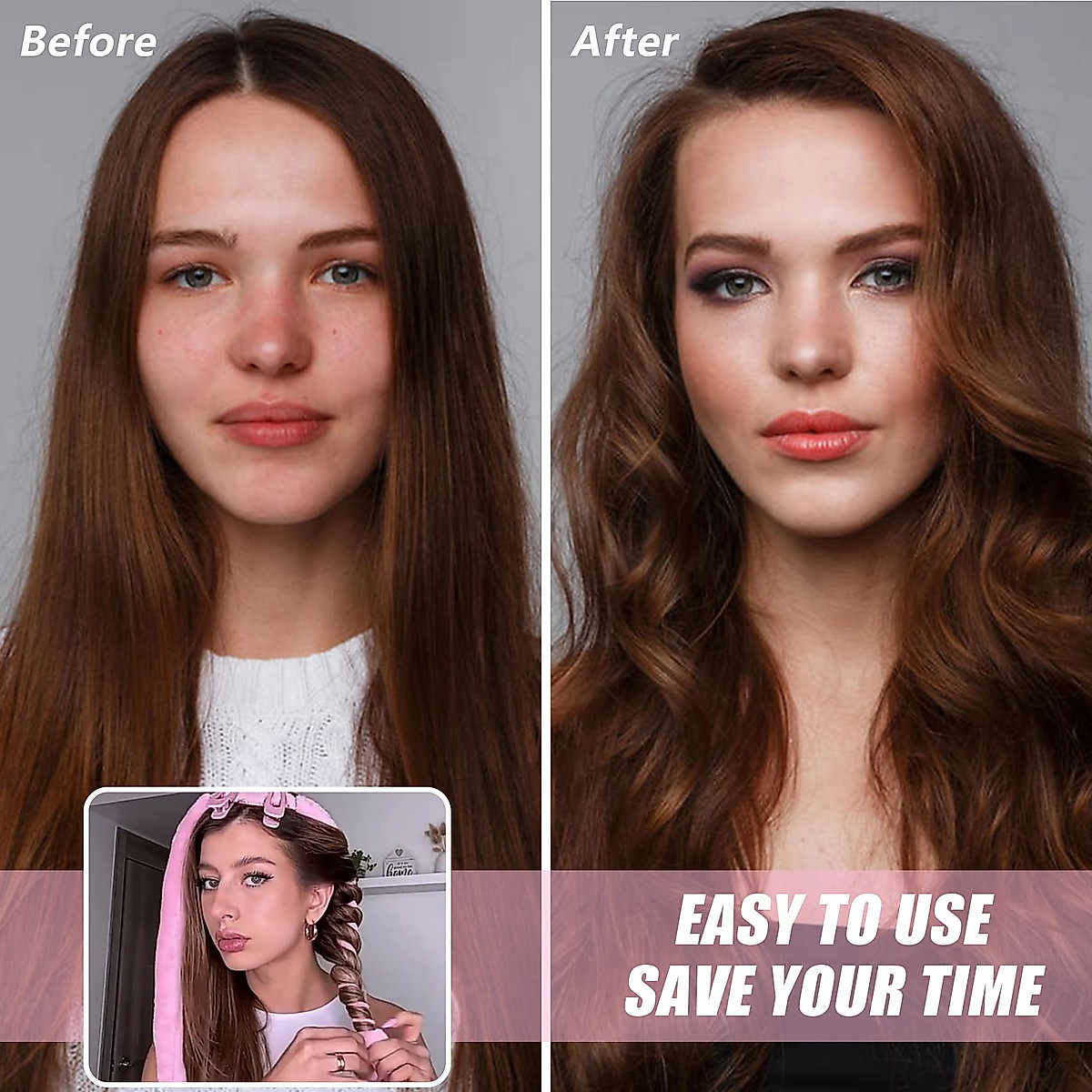 HRYYDS Upgraded Curler with Gift Box - Velvet Headband for Heatless Sleep-in Curls, No Smell, For Long and Medium Hair (Pink)