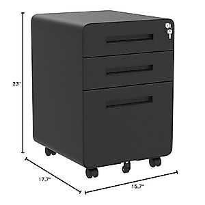 INVIE 3 Drawer Mobile File Cabinet with Lock Under Desk Office Drawers Metal Filing Cabinet for Legal Letter Files Anti-tilt Design Office Rolling File Cabinet Fully Assembled (Black)