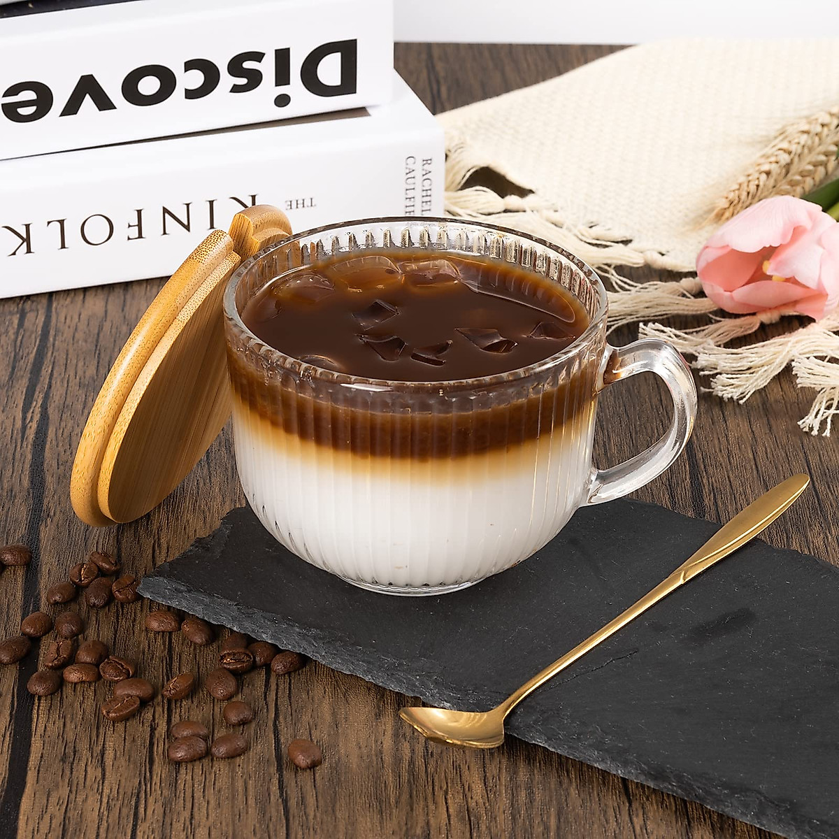 megarte Vintage Glass Coffee Mugs - 14 Oz Ribbed Mugs with Bamboo Lids and Golden Spoons Set Of 4 - Coffee Cups for Cappuccino, Latte, Cereal, Yogurt, Tea Christmas Thanksgiving Gifts