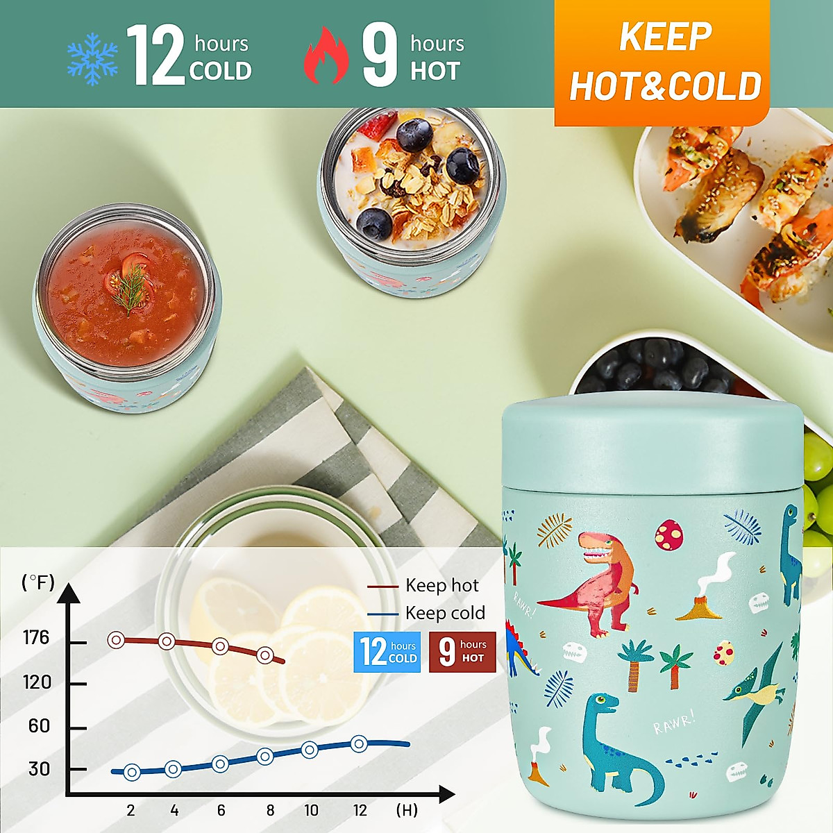 Charcy 9oz Stainless Steel Vacuum Insulated Kids Food Jar - Soup Thermo for Hot & Cold Food - Turquoise Dinosaur
