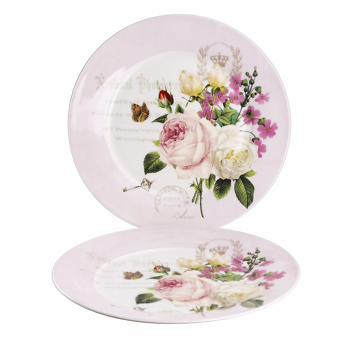 Gracie Bone China Pink Rose Butterfly Set of 2 Dinner Plates, 10.5-Inch