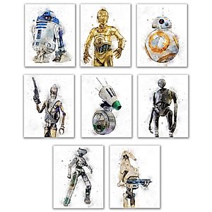Star Wars Droids Prints - Star Wars Wall Art, Starwars Posters for Walls, Watercolor Wall Decor Photos, R2D2 C3PO BB8 K-2SO BB-9E Battle Droids - Unframed Set of 8 (8x10)