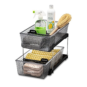 madesmart 2-Tier Plastic Multipurpose Organizer with Divided Slide-Out Storage Bins, Compact Under Sink and Cabinet Organizer Rack, Smoke