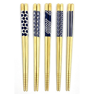 JapanBargain, Bamboo Chopsticks Reusable Japanese Chinese Korean Chopsticks Set Wood Chop Sticks Hair Sticks 5 Pair Gift Set Dishwasher Safe, 9 inch (1, Ivory/Blue)